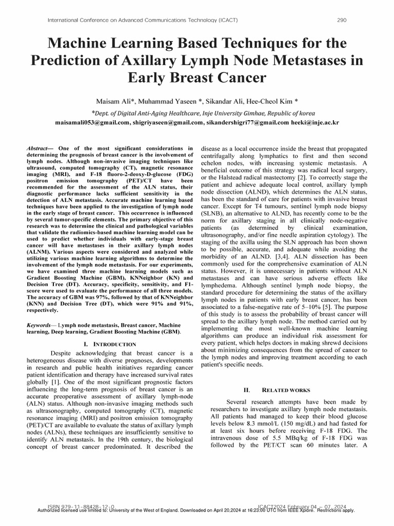 Machine Learning Based Techniques For The Prediction of Axillary Lymph Node Metastases in Early ...