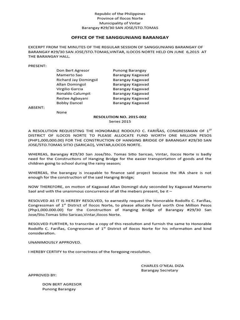 Resolution for Hanging Bridge Funding | PDF