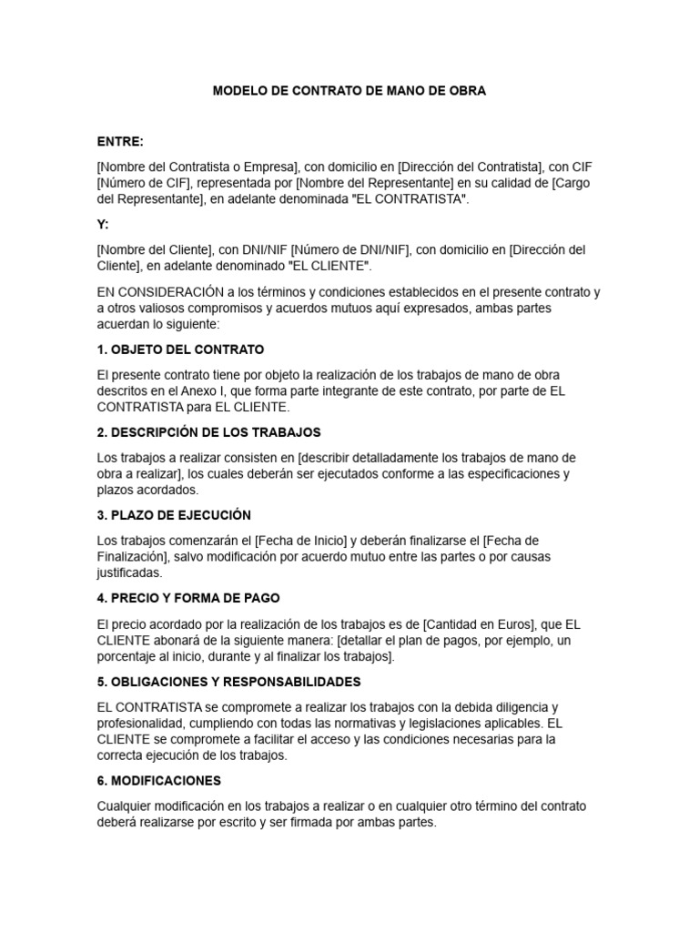 Modelo de Contrato de Mano de Obra | PDF