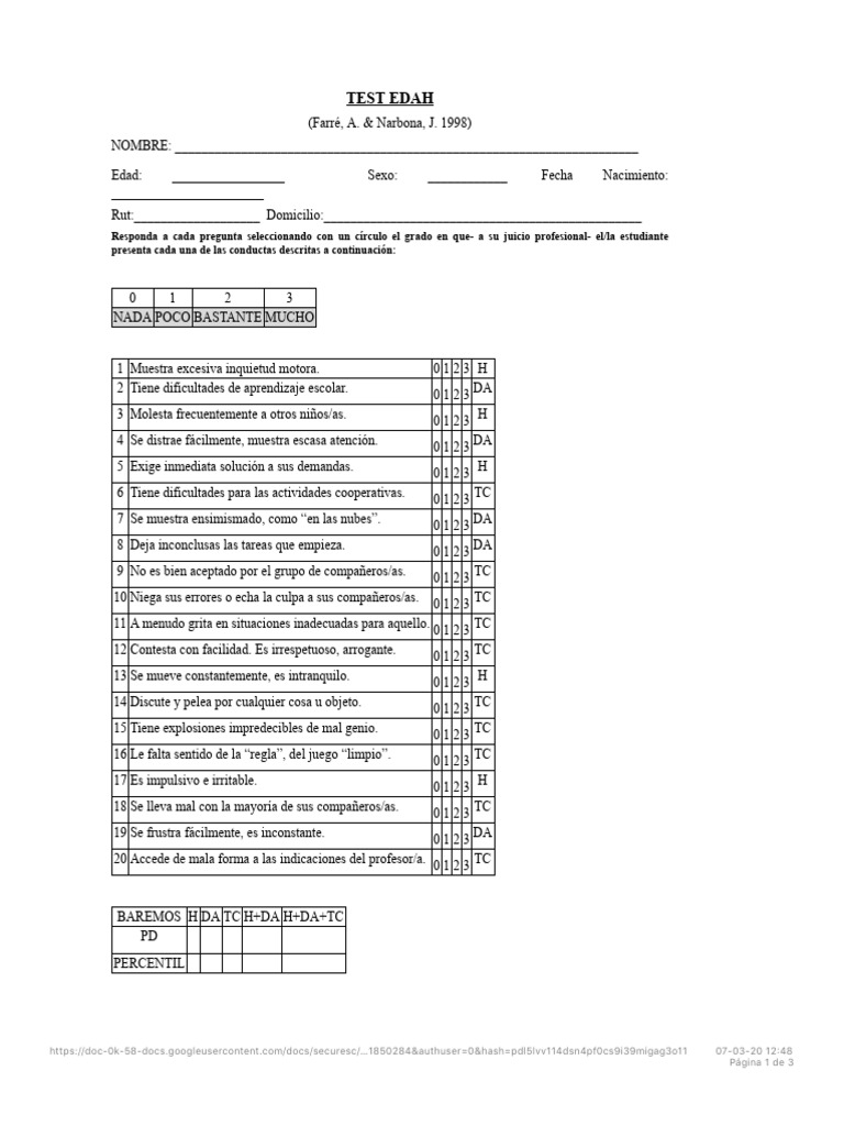 Test Edah | PDF | Desorden hiperactivo y deficit de atencion | Causas ...