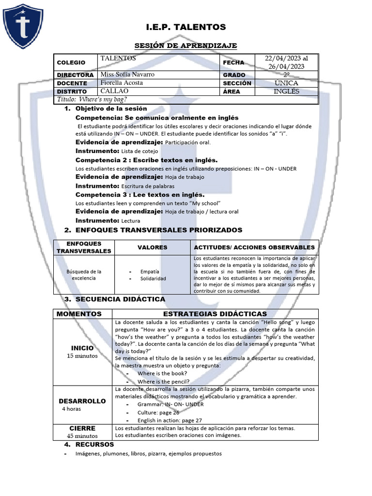 SESIÓN DE APRENDIZAJE 2do Grado - Semana 8 | PDF | Aprendizaje | Cognición