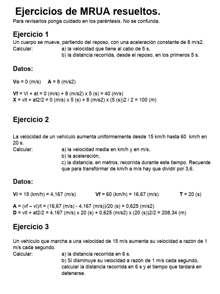 Ejercicios de MRUA Resueltos | PDF | Velocidad | Vuelo