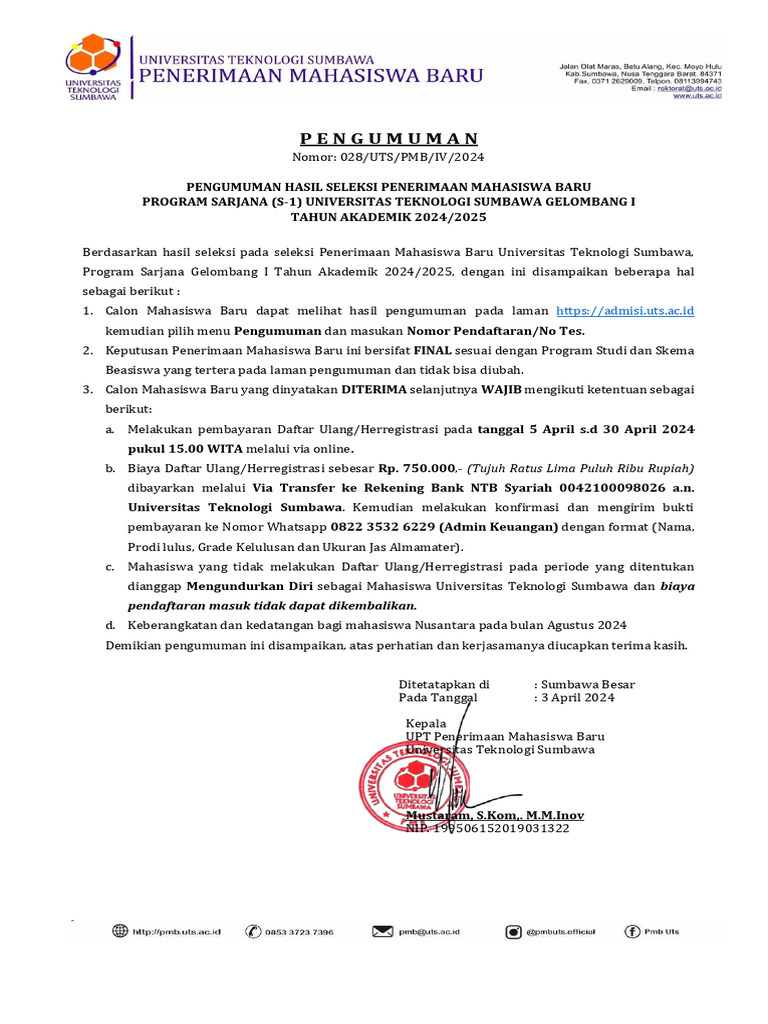 Surat 028 Pengumuman Hasil Seleksi PMB UTS Tahun Akademik 2024-2025 | PDF
