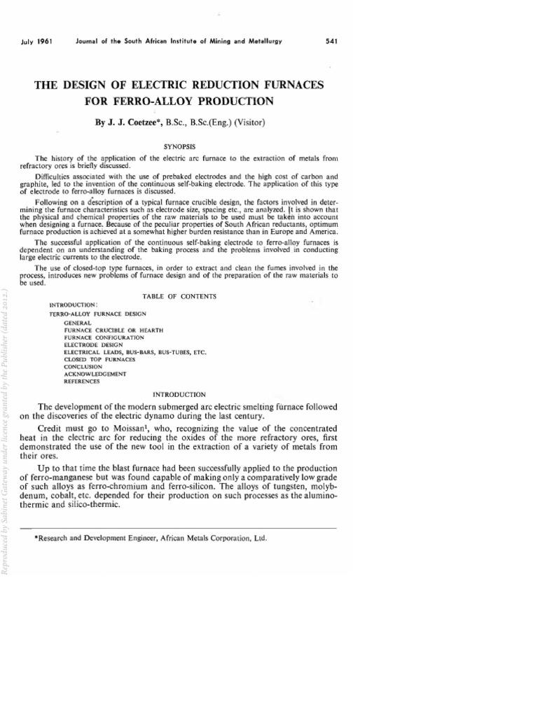 The Design of Electric Reduction Furnace For Ferroalloy Production | PDF