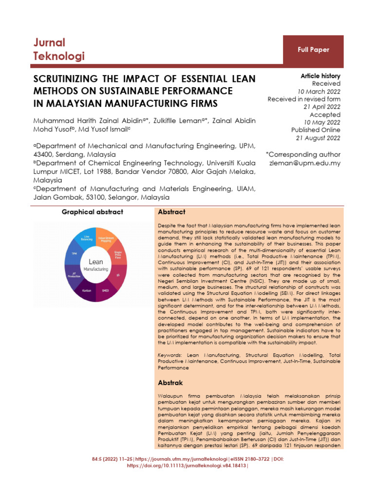 Scrutinizing The Impact of Essential Lean Methods On Sustainable Performance in Malaysian ...