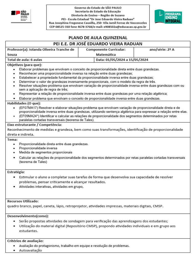 Plano de Aula Quinzenal | PDF | São Paulo