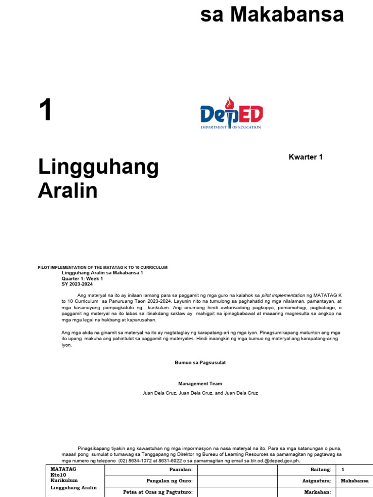 G1 - Q1 - W1-Makabansa Lesson Exemplar - Finalized | PDF