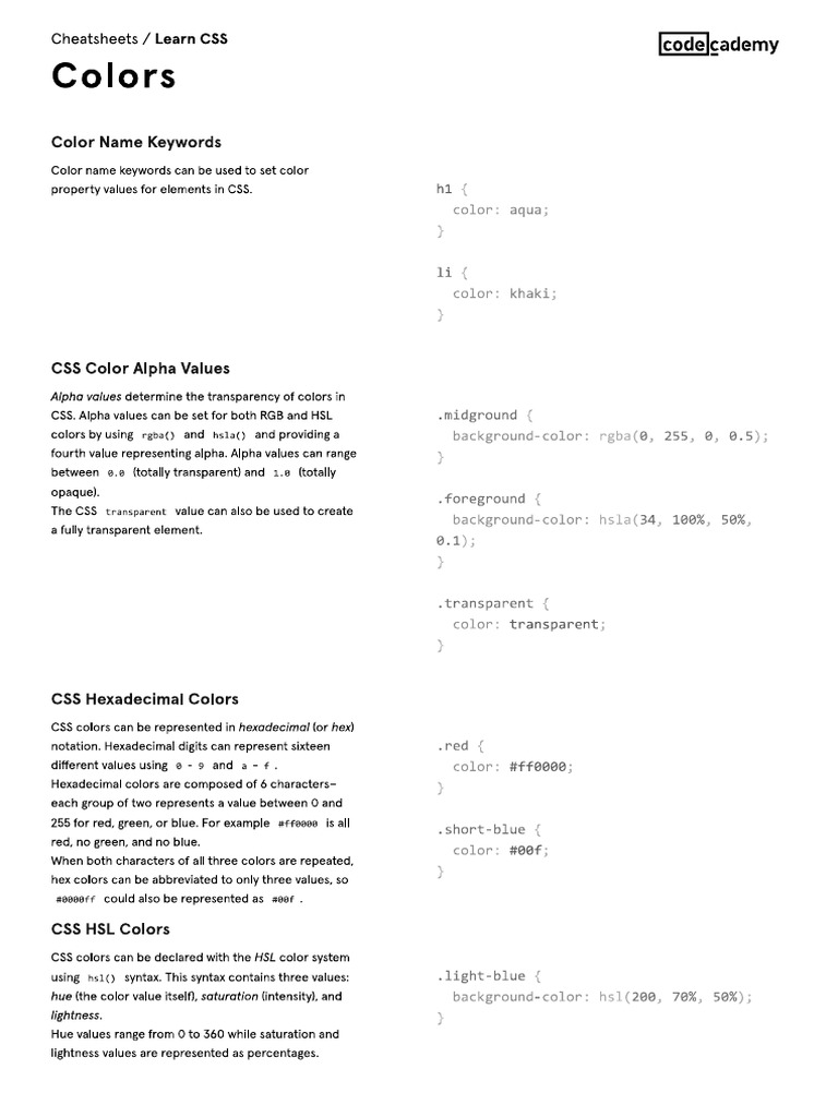 CSS - Colors Cheatsheet | PDF
