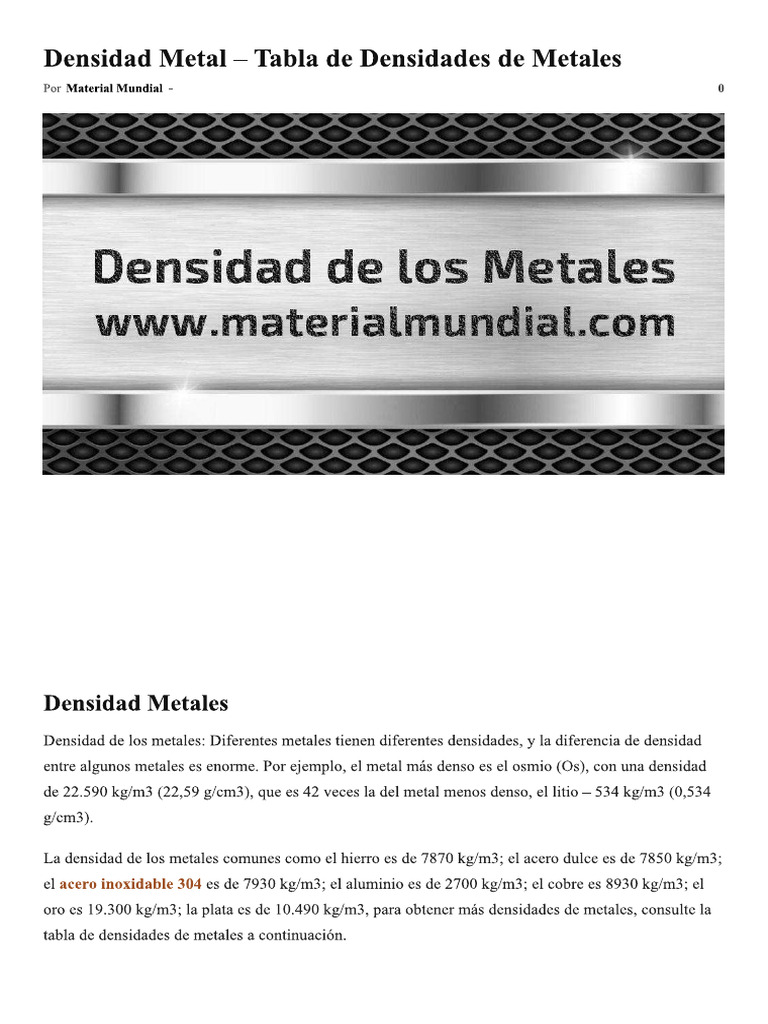 Densidad Metal - Tabla de Densidades de Metales - Material Mundial Grados | PDF