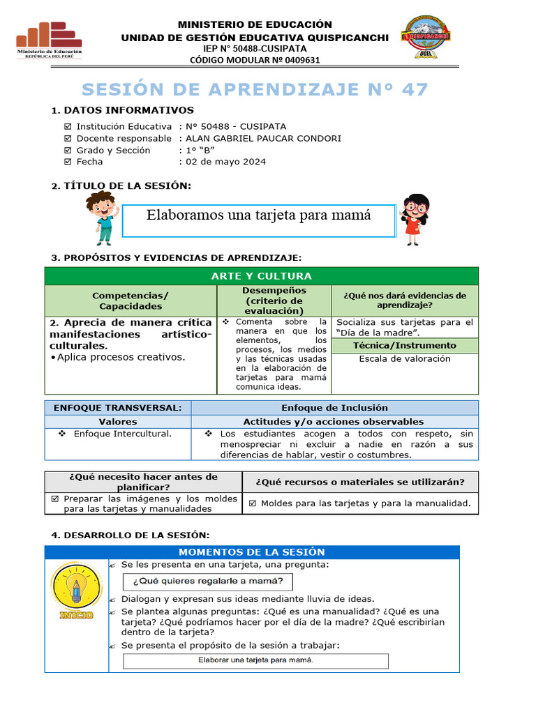 SESIÓN DE APRENDIZAJE N 47 Abril Arte y Cultura | Descargar gratis PDF | Aprendizaje ...