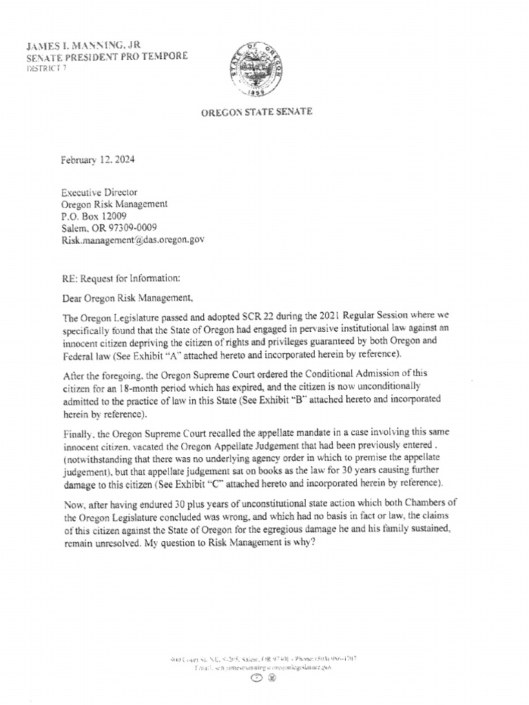 Letter From Senate President Pro Tempore James Manning and Response ...