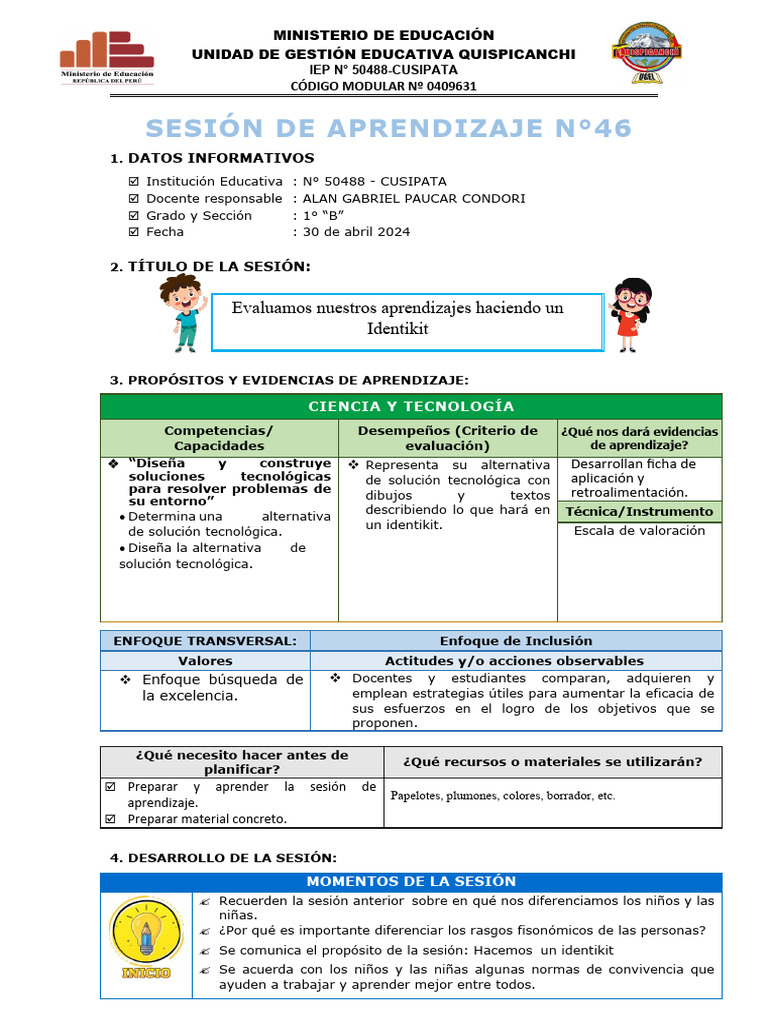 SESIÓN DE APRENDIZAJE N 46 Ciencia | PDF | Aprendizaje | Evaluación