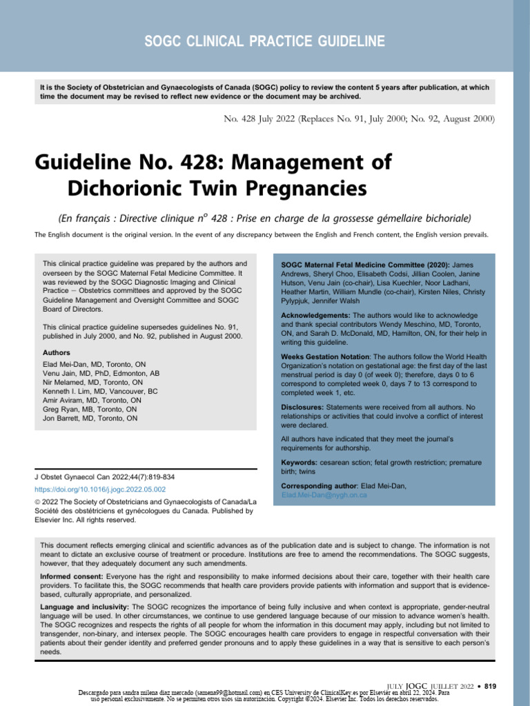 Guideline No. 428 - Management of Dichorionic Twin Pregnancies | PDF ...