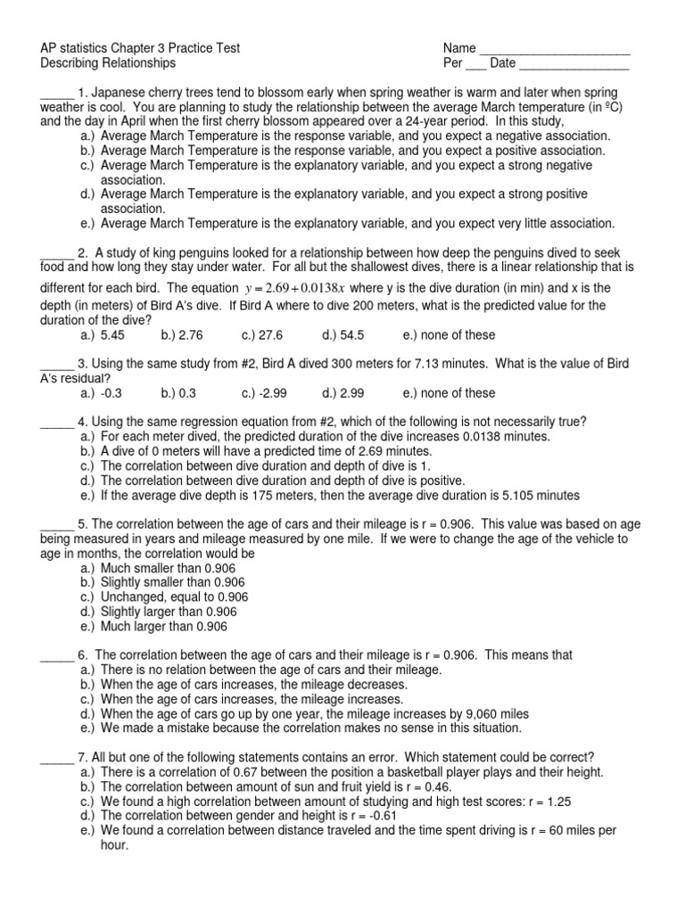 AP Stats 3 Practice Test | PDF | Errors And Residuals | Linear Regression
