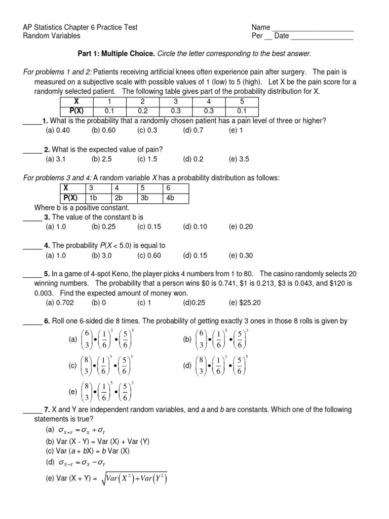 AP Statistics Chapter 6 Practice Test | PDF | Probability Distribution ...