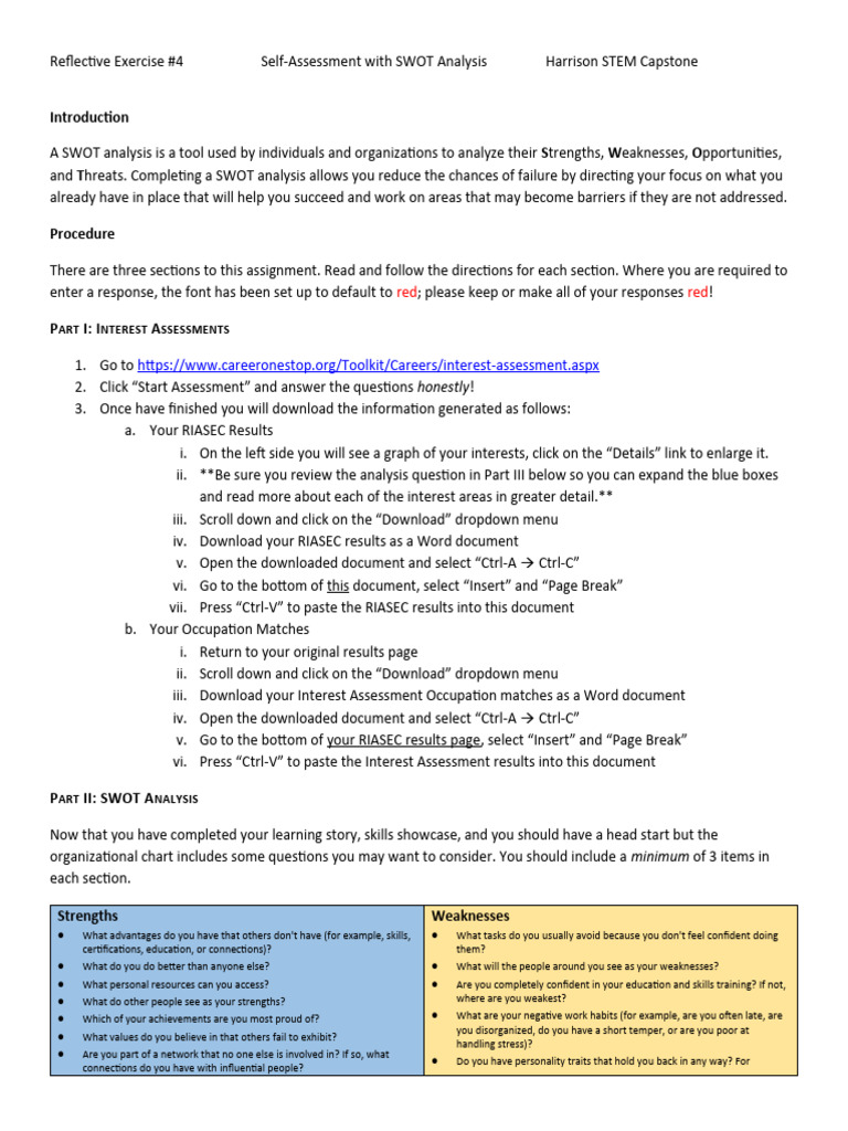 Reflective Exercise 4 My Self-Assessment With Swot Analysis | PDF ...