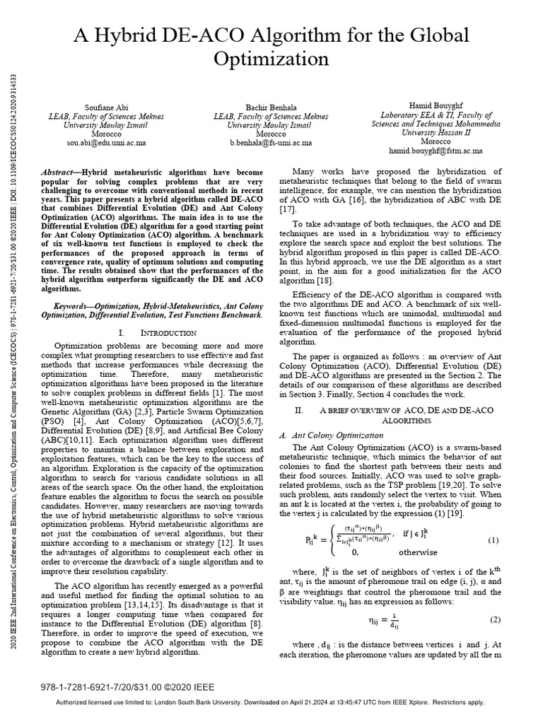A Hybrid De Aco Algorithm For The Global Optimization Pdf Metaheuristic Mathematical 5352