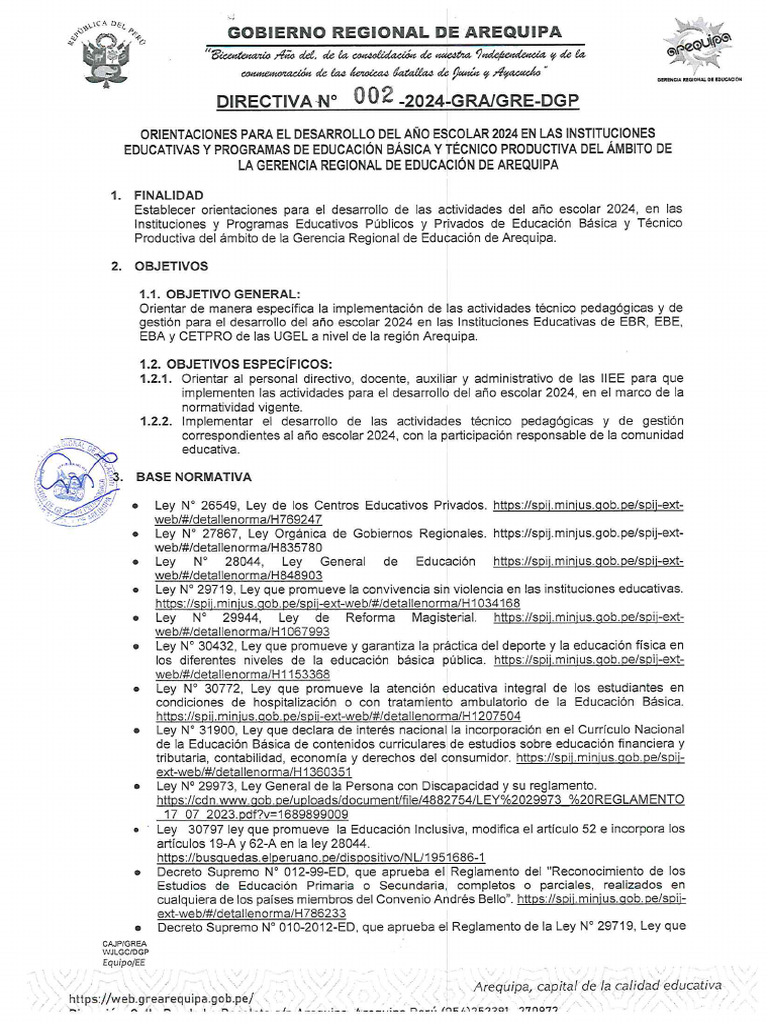 DIRECTIVA 002-2024 Inicio Año Escolar 2024 AQP | PDF