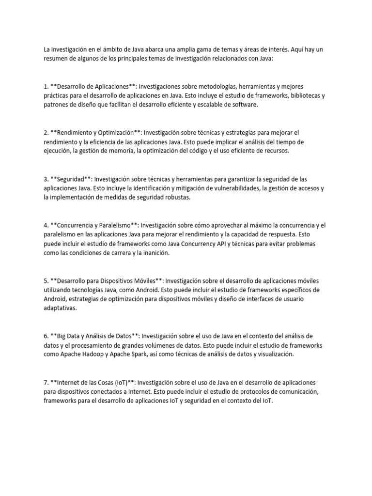 Investigación Java: Temas Clave | PDF | Internet de las Cosas | Java (lenguaje de programación)