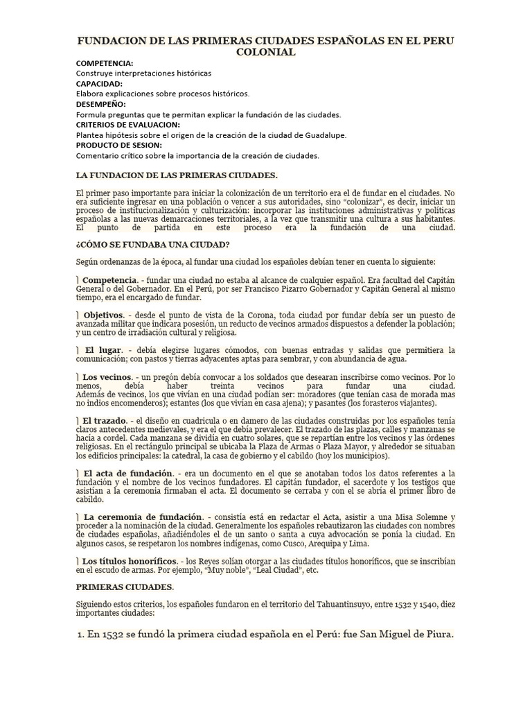 Fundacion de Las Primeras Ciudades Españolas en El Peru Colonial | PDF