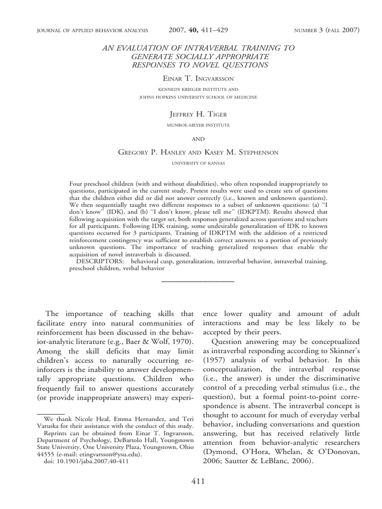Intraverbal Training for Preschoolers | PDF | Behavioural Sciences ...