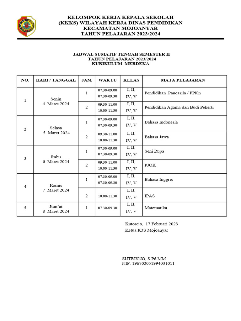 Jadwal Sts Kurikulum Merdeka Semester 2 Tahun 2023 2024 Mojoanyar Pdf