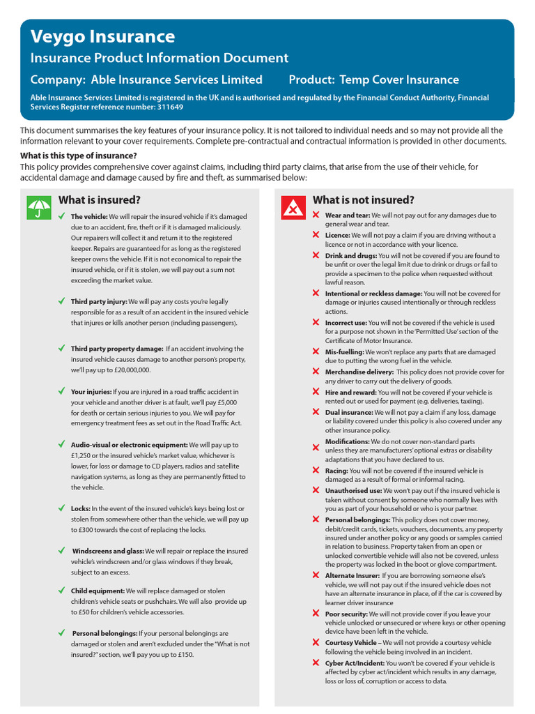 Insurance Product Information Document | PDF | Insurance | Vehicle ...
