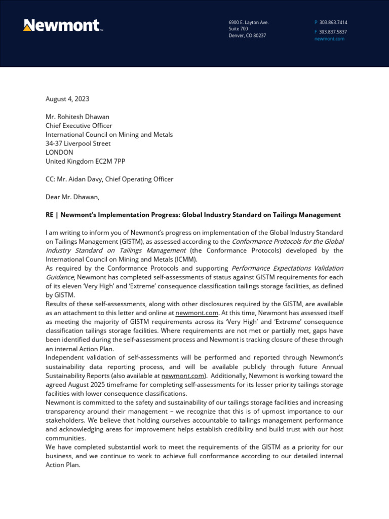 GISTM ICMM Self Assessment Letter | PDF | Life Cycle Assessment | Risk