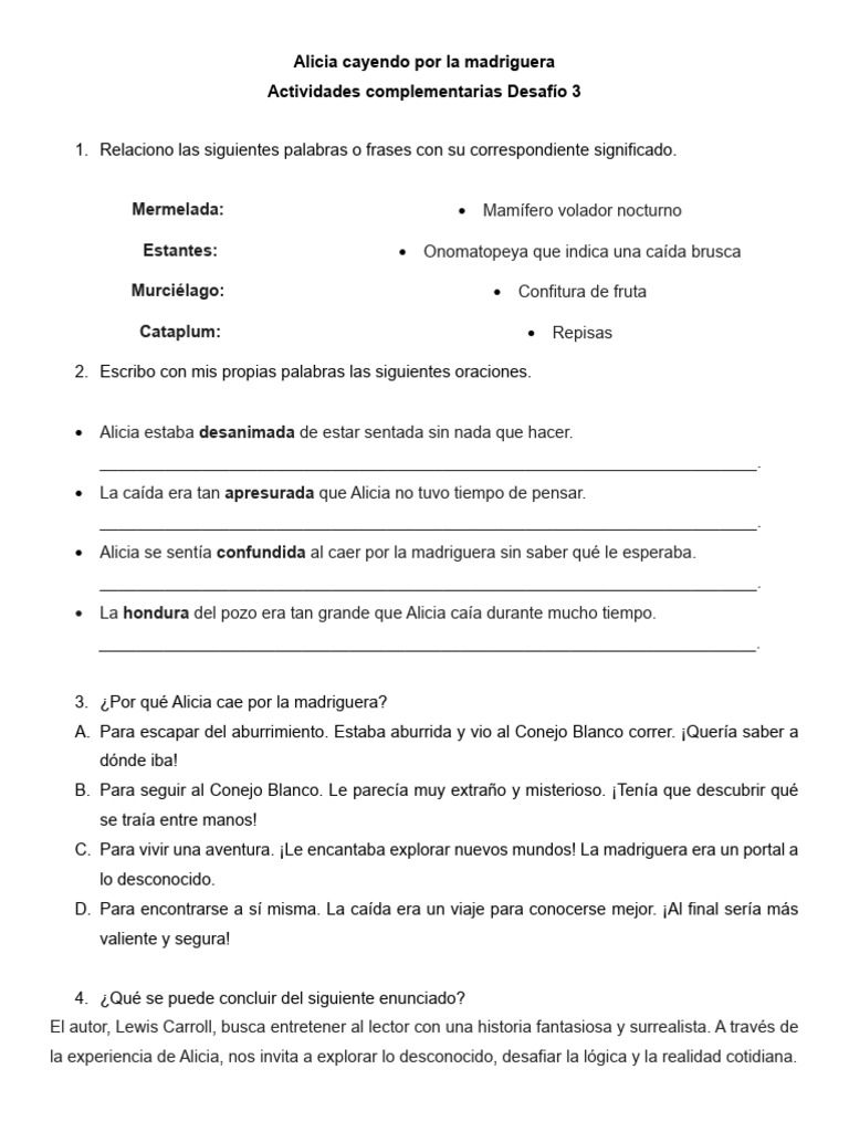 AC02 Lenguaje 4 Alicia Cayendo Por La Madriguera | PDF | Las aventuras de Alicia en el País de ...