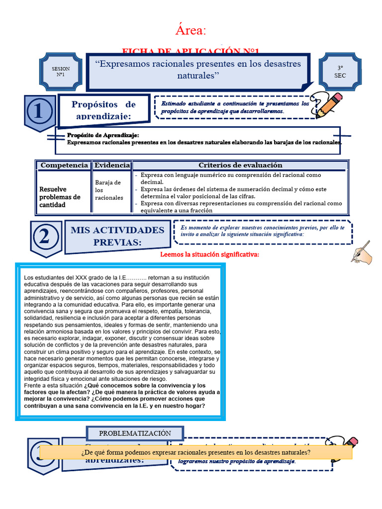 3° Ficha de Aplicación-Sesión1-Sem.1-Exp.1-Mate. | PDF | Números | Número racional