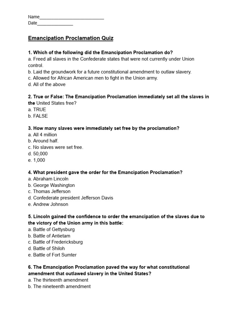 Emancipation Proclamation Quiz | PDF | Emancipation Proclamation ...