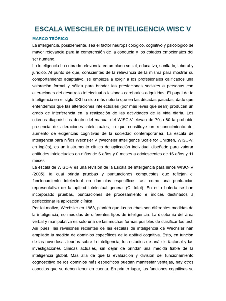 Escala Weschler de Inteligencia Wisc V | Descargar gratis PDF | Inteligencia | Memoria