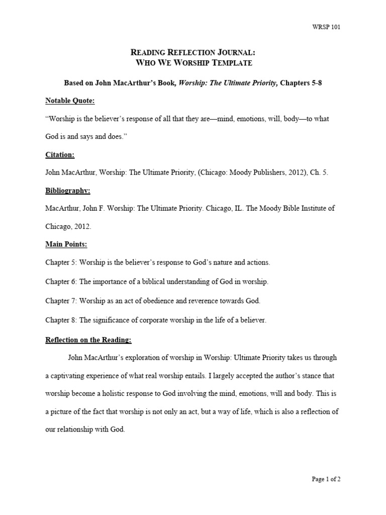 Week 5 Reading Reflection Journal Who We Worship Template Download