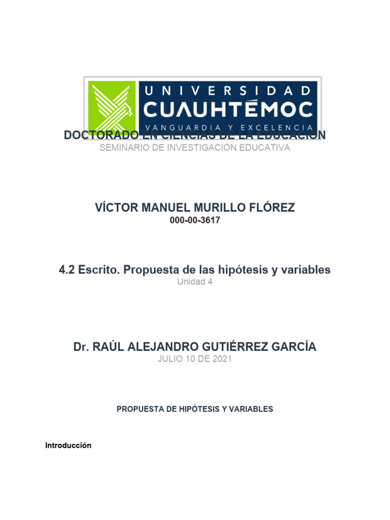 4.2 Escrito - Propuesta de Las Hipotesis - Murillo - Victor | PDF ...