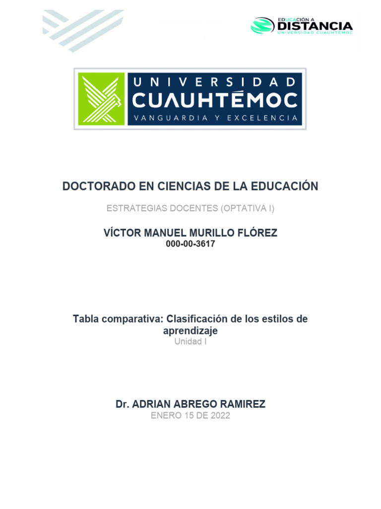 Act. 1.4 Tabla Comparativa Clasificación de Los Estilos de Aprendizaje ...