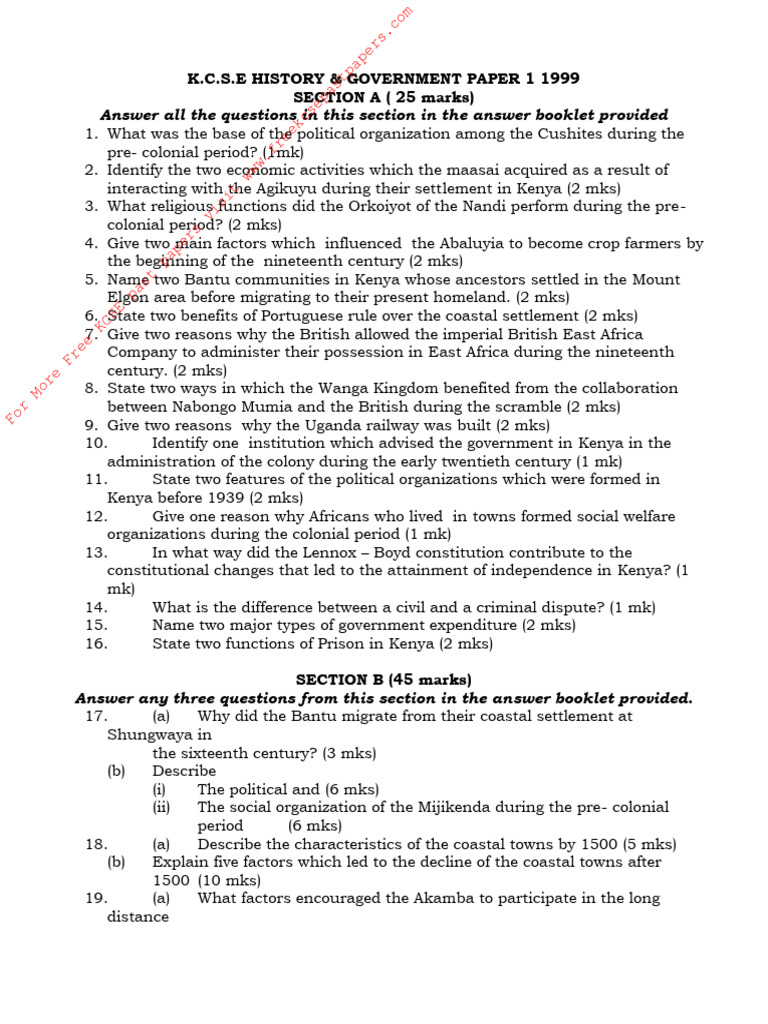 KCSE History Paper 1 1999 Questions | PDF | Africa | Bantu