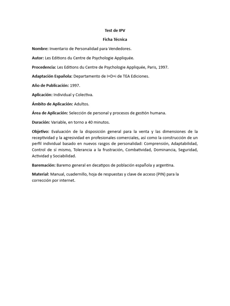 Test de IPV | Descargar gratis PDF | Tolerancia | Conceptos psicologicos