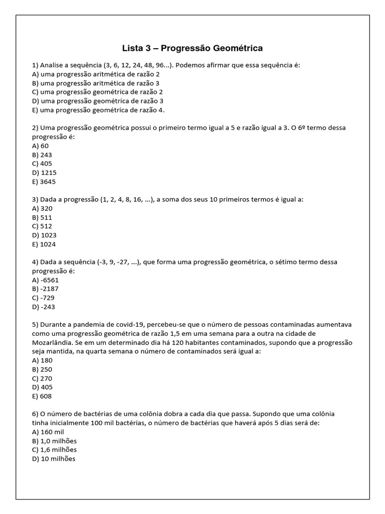 Lista 3 - Progressão Geometrica | PDF | Sequência | Equações