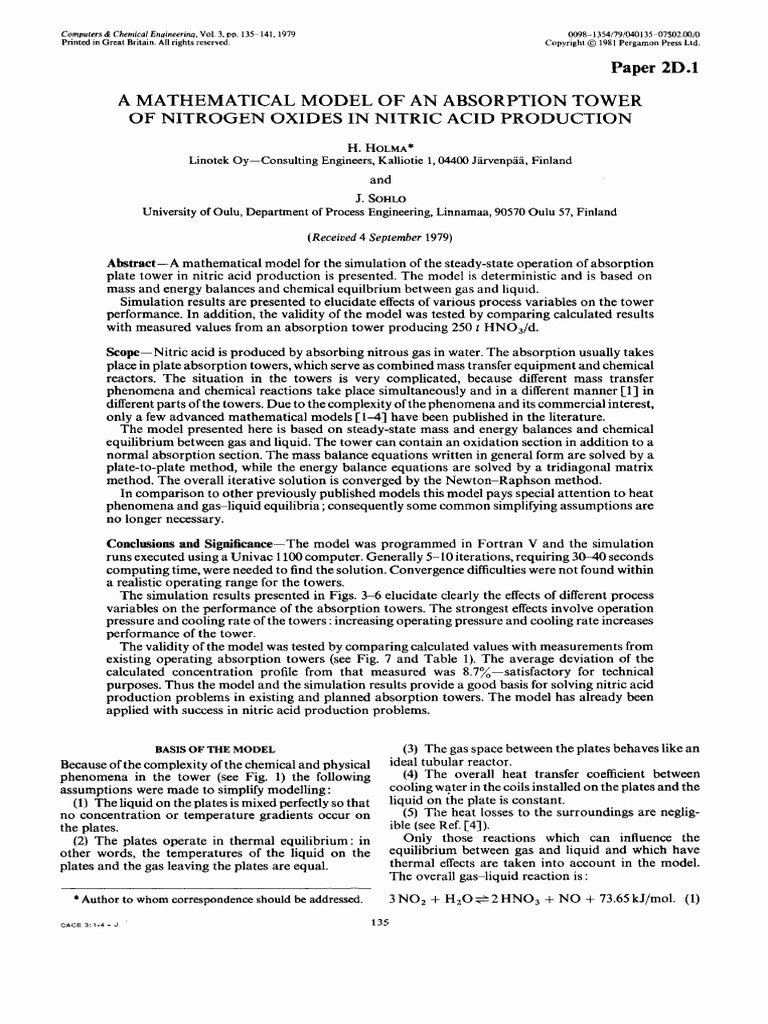 A Mathematical Model of An Absorption Tower of Nitrogen Oxides in ...