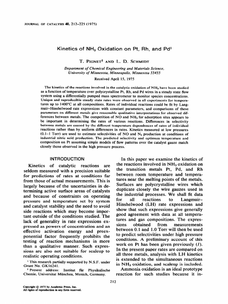 Kinetics of NH3 Oxidation On PT RH and PDL | PDF | Chemical Kinetics ...