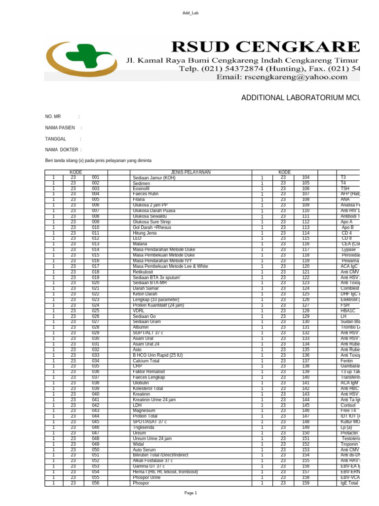 Tarif Mcu Rsud Cengkareng | PDF