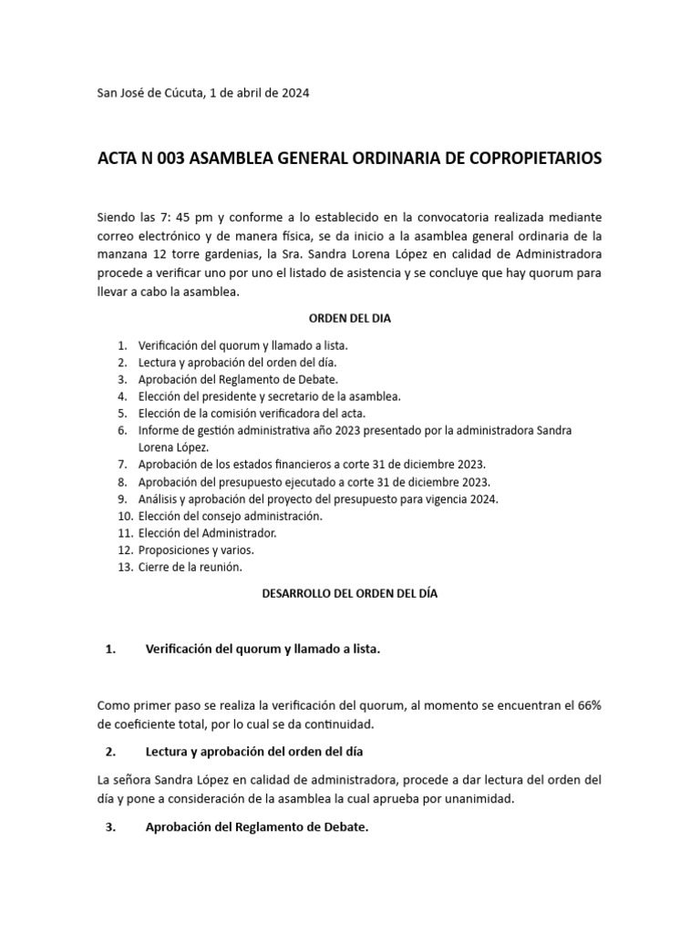 Modelo Acta de Asamblea General Ordinaria | PDF | Presupuesto