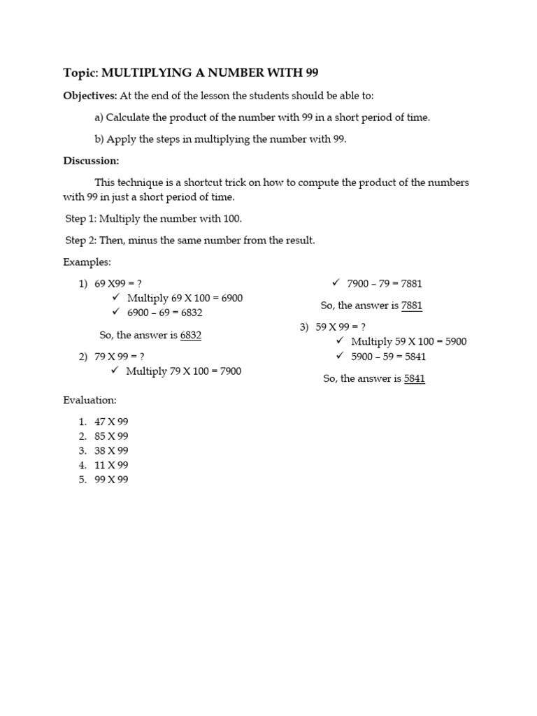 Technique On Multiplying A Number With 99 | PDF