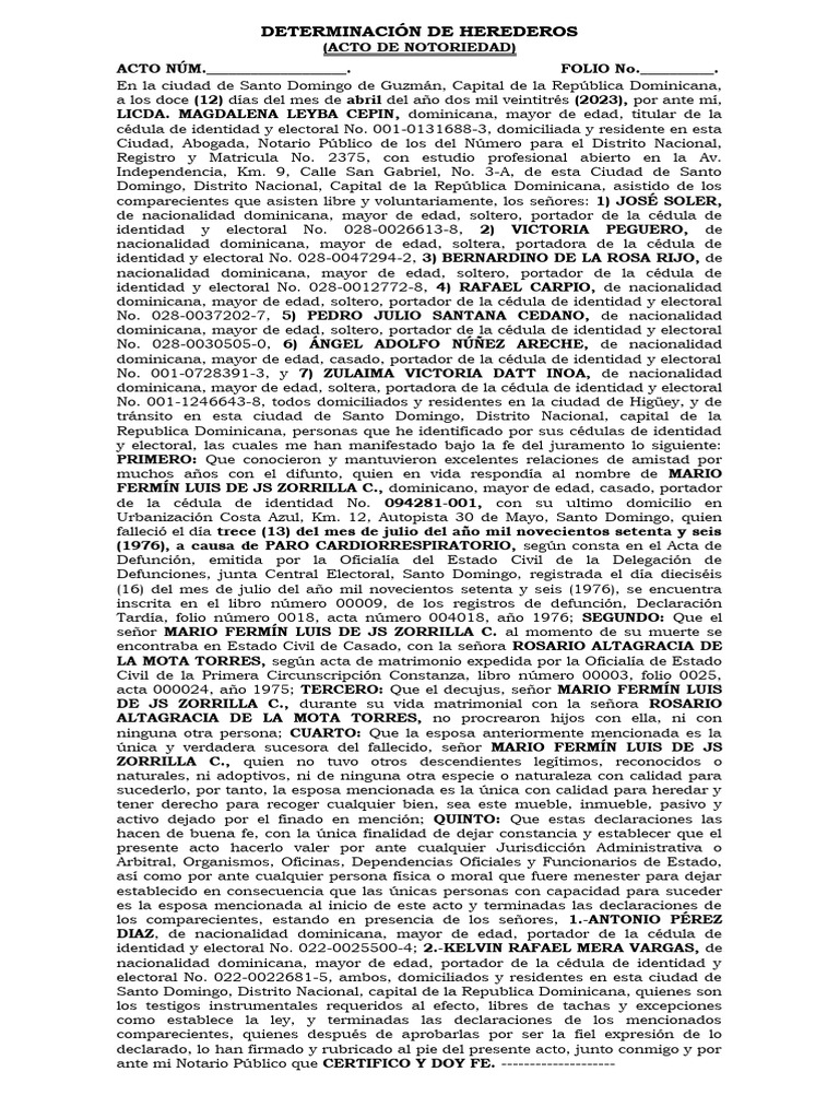Acto de Determinacion de Herederos - Mario Fermín Luis de JS Zorrilla C ...