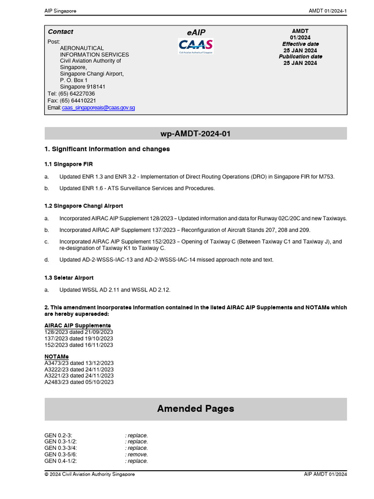 Singapore Aip Amendment 01 2024 | PDF | Airport | Construction Equipment