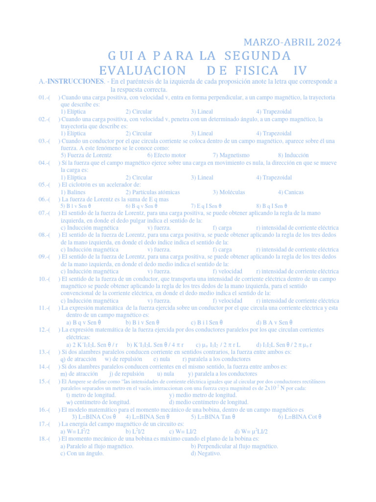 Guia 2°ev FIV | PDF | Inducción electromagnética | Campo magnético