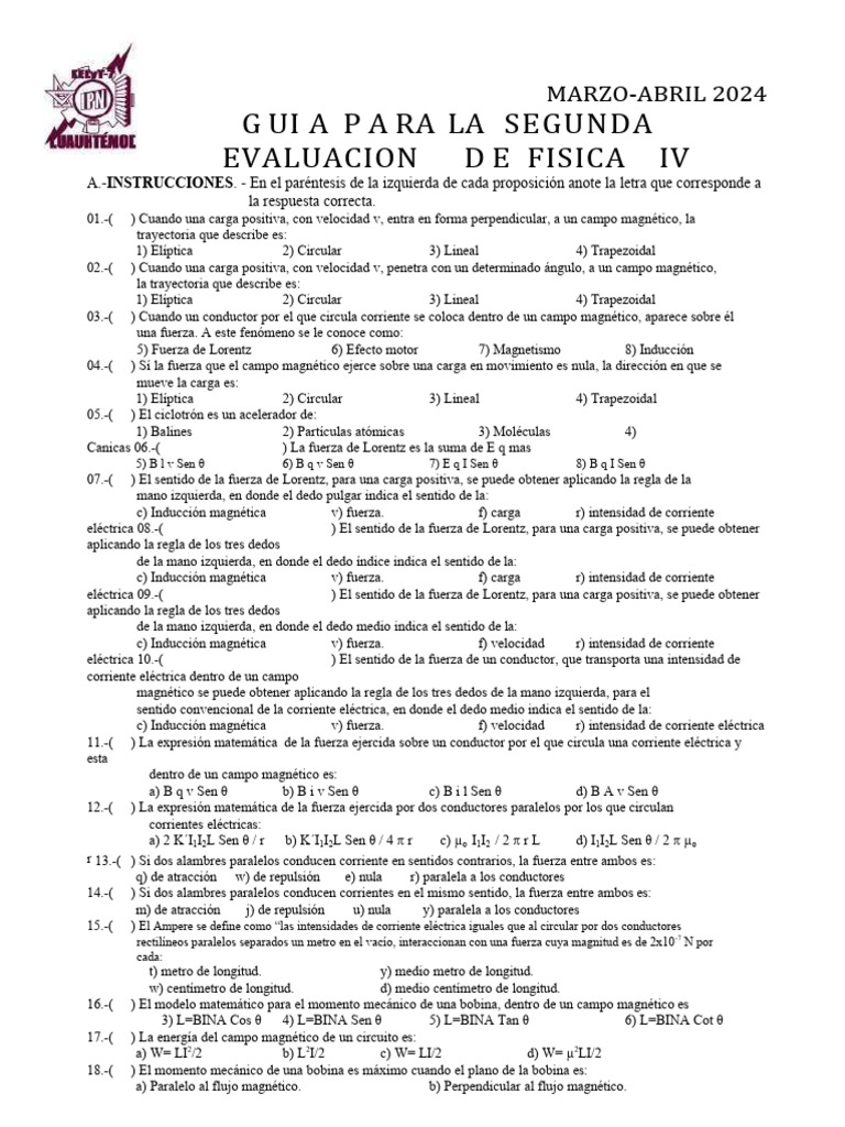 Guia 2°ev FIV | PDF | Inducción electromagnética | Campo magnético