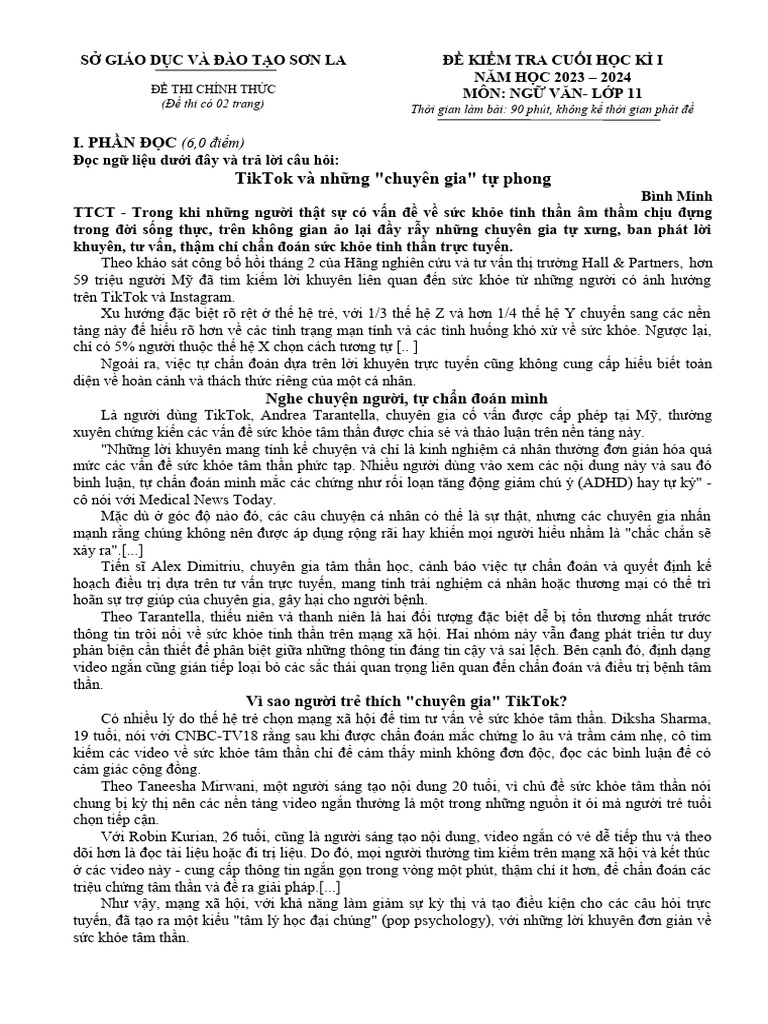 HCD Kiem Tra HK1 23-24 Ngu Van 11 | PDF