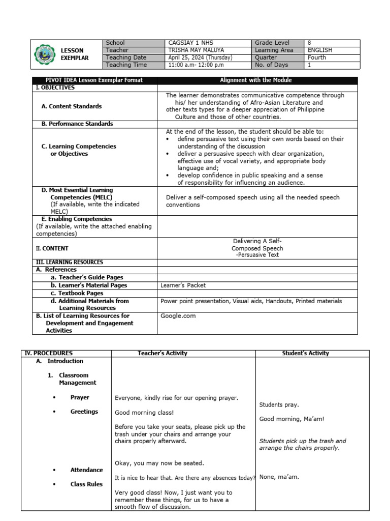 Persuasive Speech Lesson Plan for Grade 8 | PDF | Advertising | Public ...