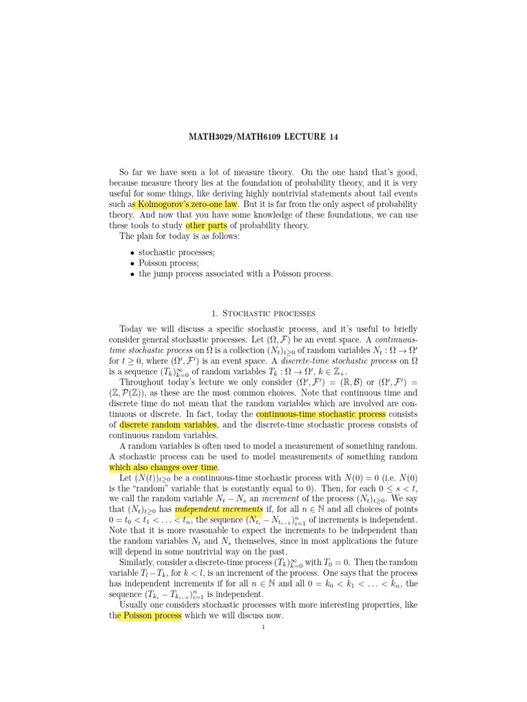 Wattle Lecture 14 | PDF | Stochastic Process | Random Variable